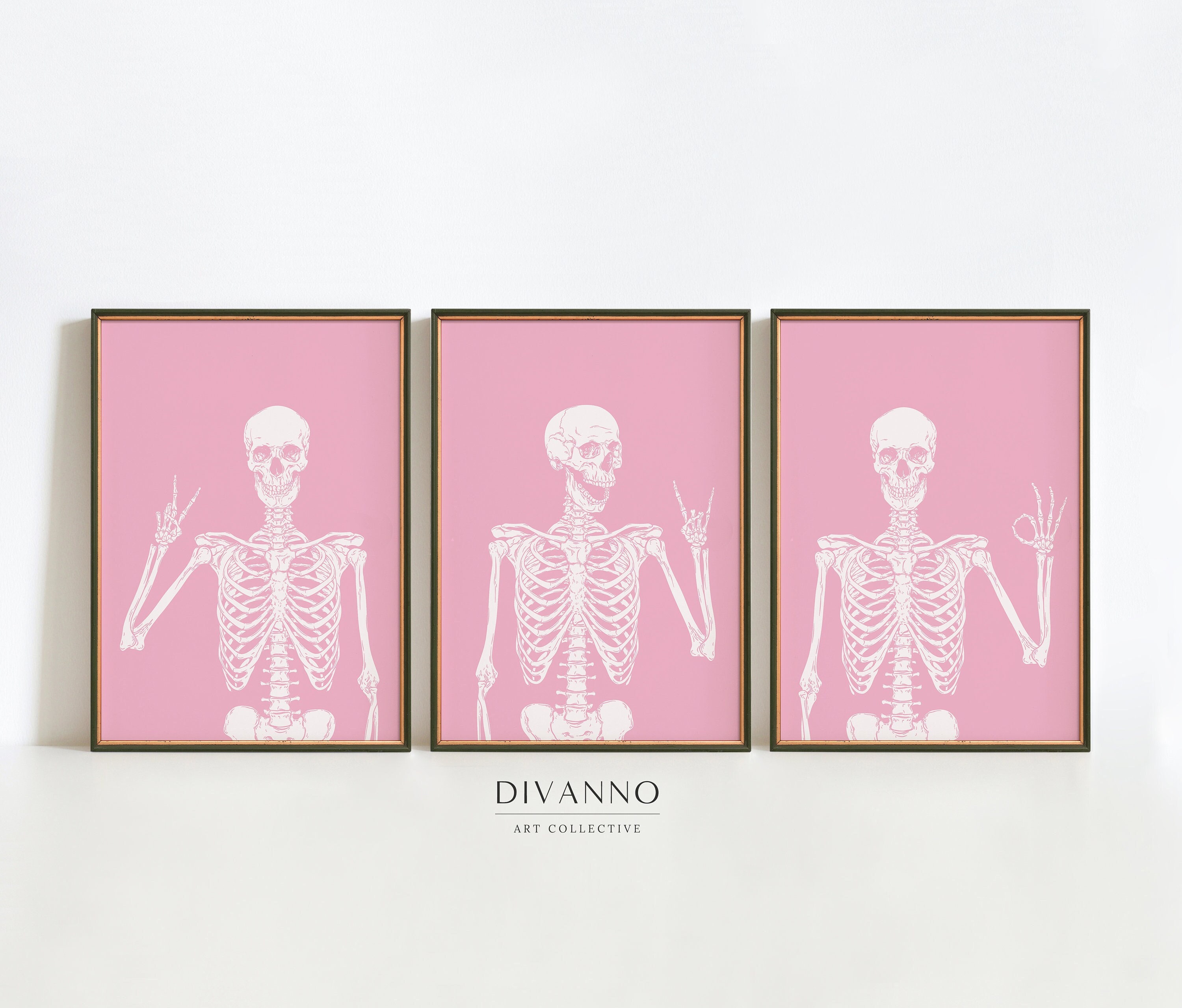 Set of 3 Skeletons Prints, Retro Disco Halloween Pink Gallery, Party ...