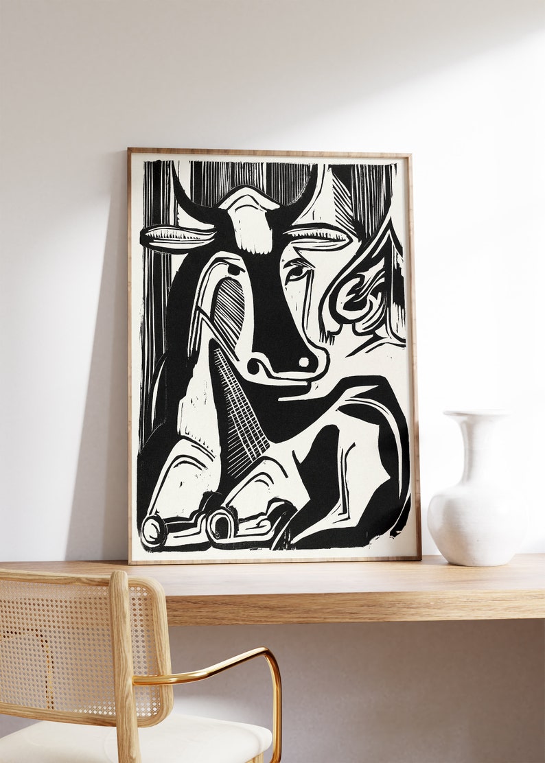 Vintage Abstract Large Cow Art Print, Retro Animal Wall Art ...