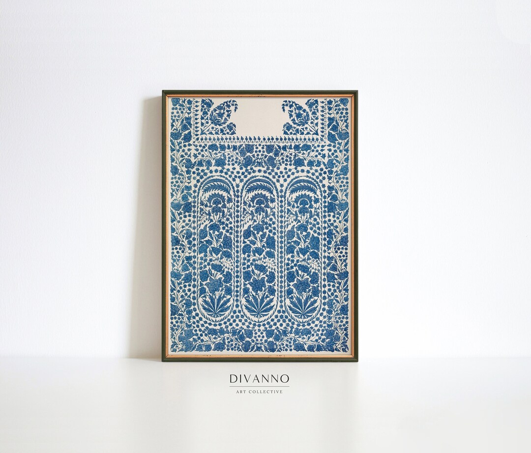 Antique Indian Folk Poster, Blue Flower Pattern Printable, Embroidered ...