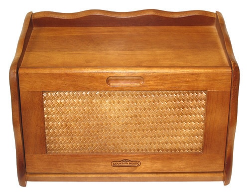 Large Hand-crafted Honey Oak Finish Wooden Bread Box With Rattan Lid ...