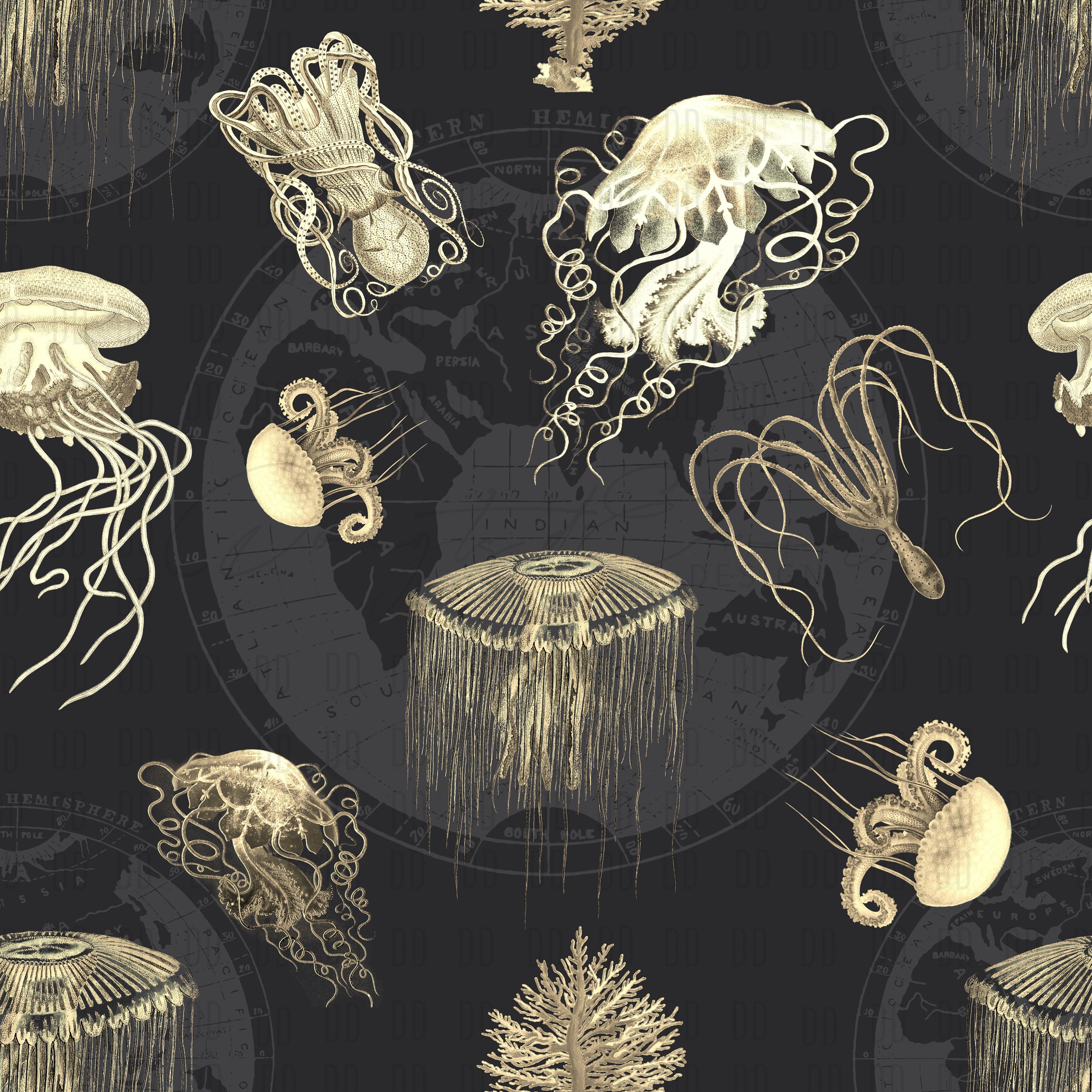 JEWELFISHES Mid-century Vintage Jellyfish Jellyfish Pattern Textile ...