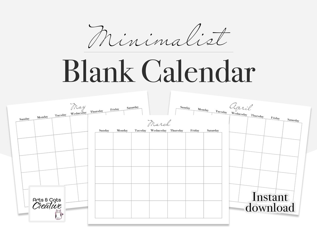Monthly Blank Calendar, Minimalist Calendar, Simple Design, Printable ...