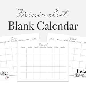 Monthly Blank Calendar, Minimalist Calendar, Simple Design, Printable ...