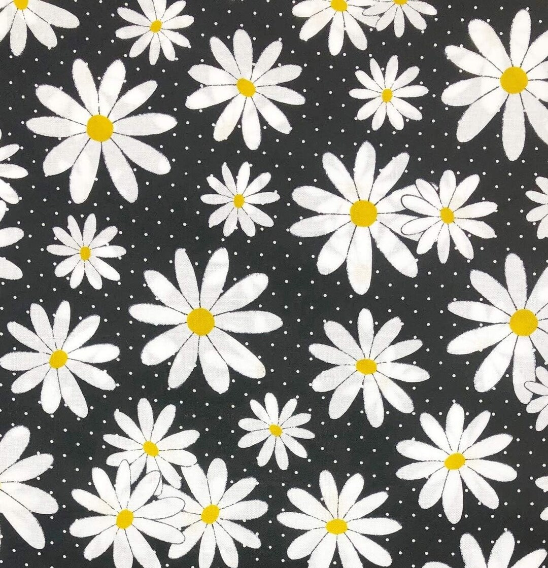 White Polka Dots & Daisies Daisy Flowers on Black Cotton Fabric Spring ...