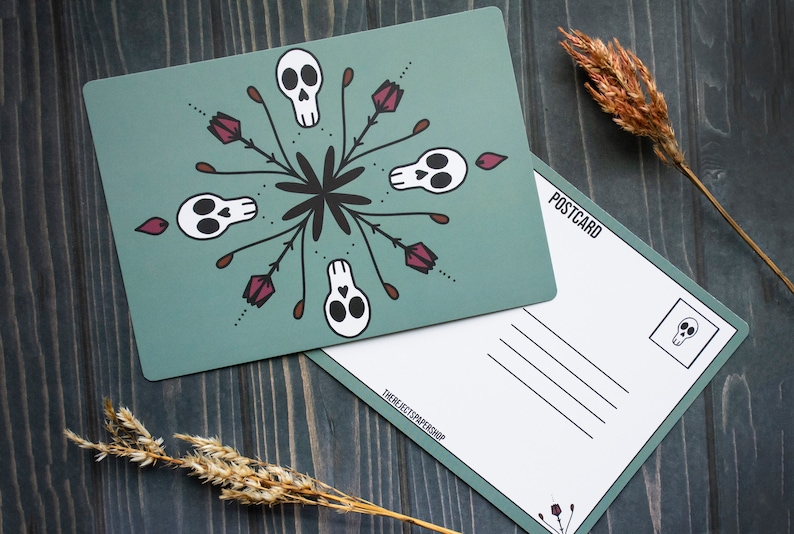 Goth Postcard Skull and Floral Print Spooky Stationery Design - Etsy
