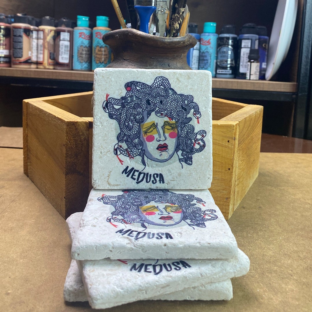 Set of 4 Natural Travertine Stone Coasters, Handmade, Greek Mythology ...