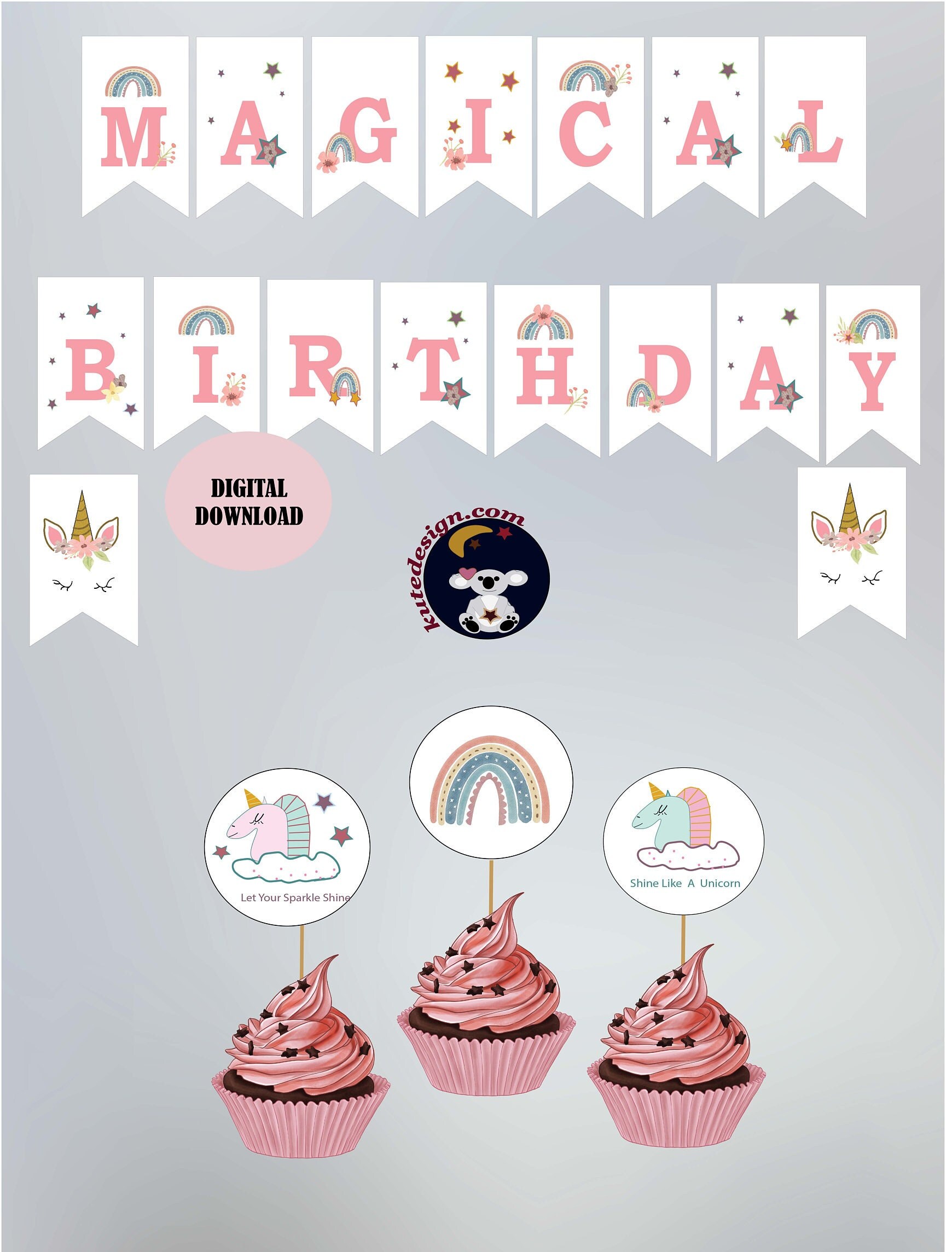 Unicorn Birthday Bundle, Printable Unicorn Banner and Cupcake Toppers ...