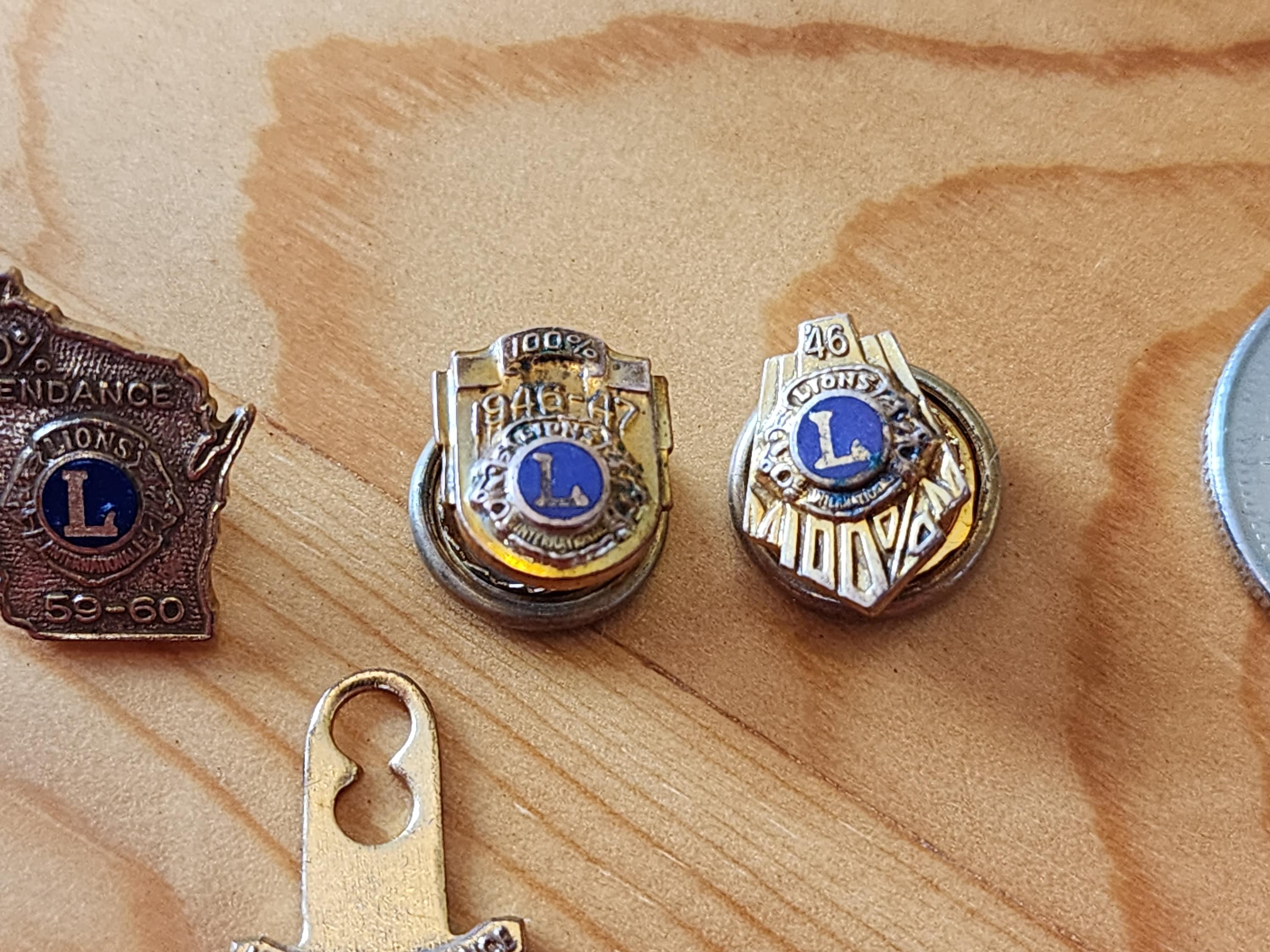 Three 100% Attendance Lions Pins From 1946, 1947, 1959, 1960 Beautiful ...