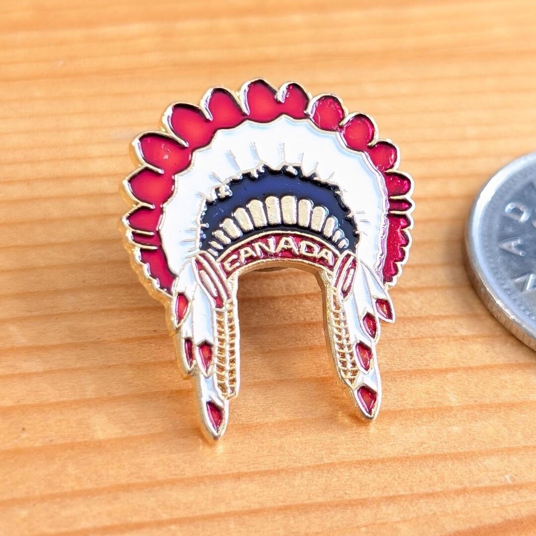 VTG Native American Indian Headdress Red White Dark Blue Canada Brooch ...