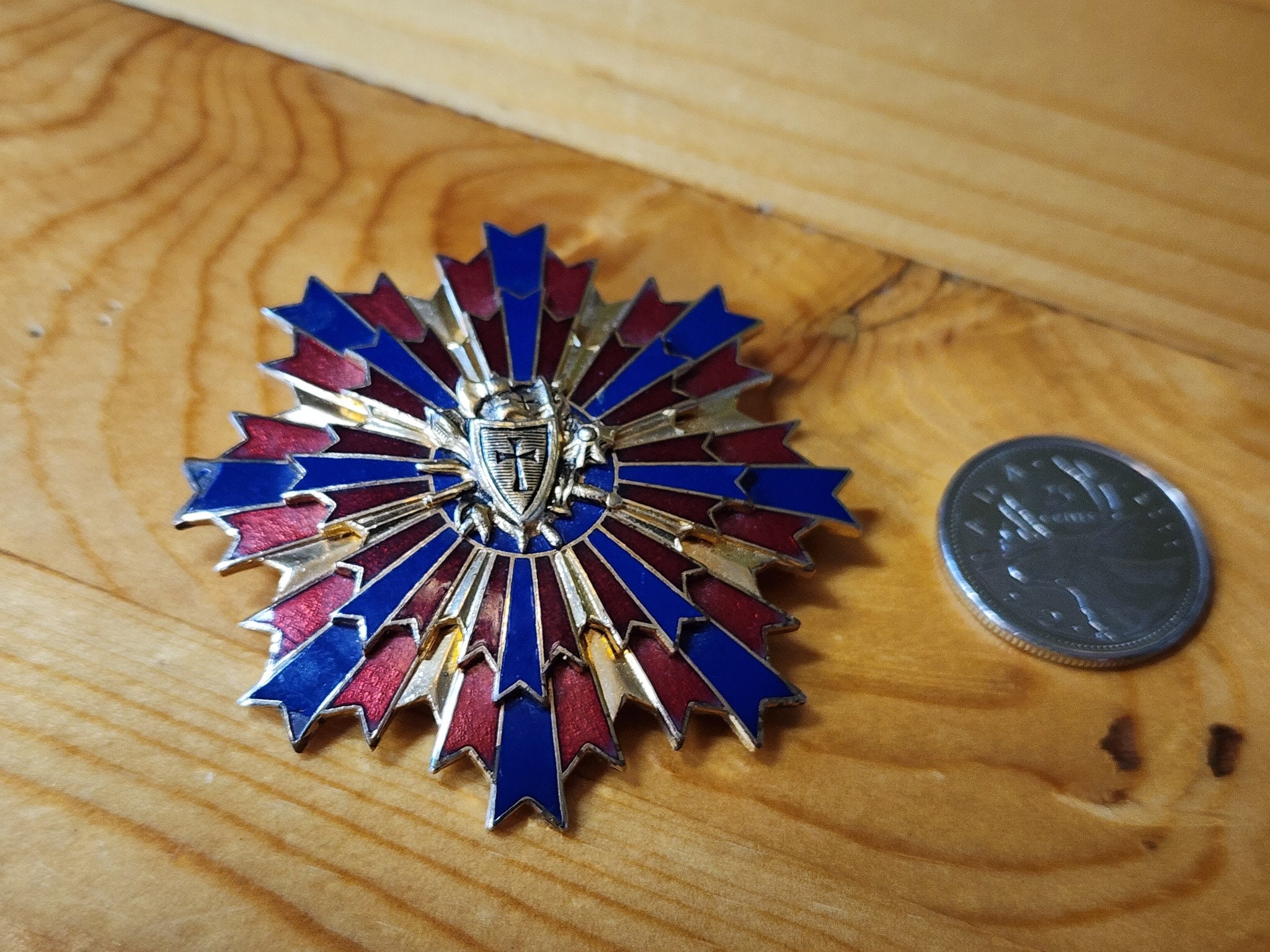 Large Heraldic Sunburst Shield Enamel and Gold Toned Brooch Pin ...
