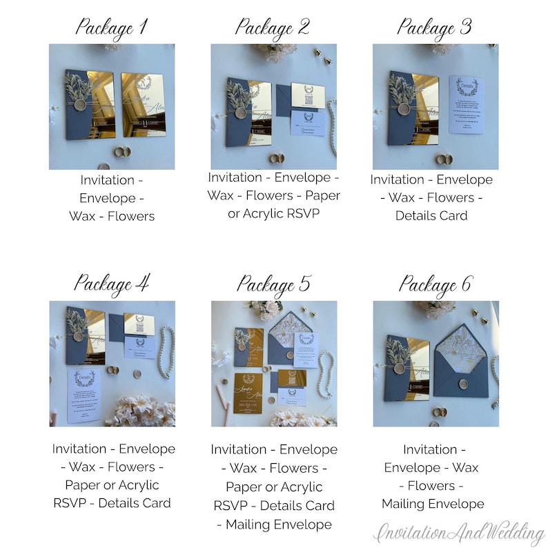 Gold Mirror Acrylic Wedding Invitation Suite With Navy Blue Envelopes ...