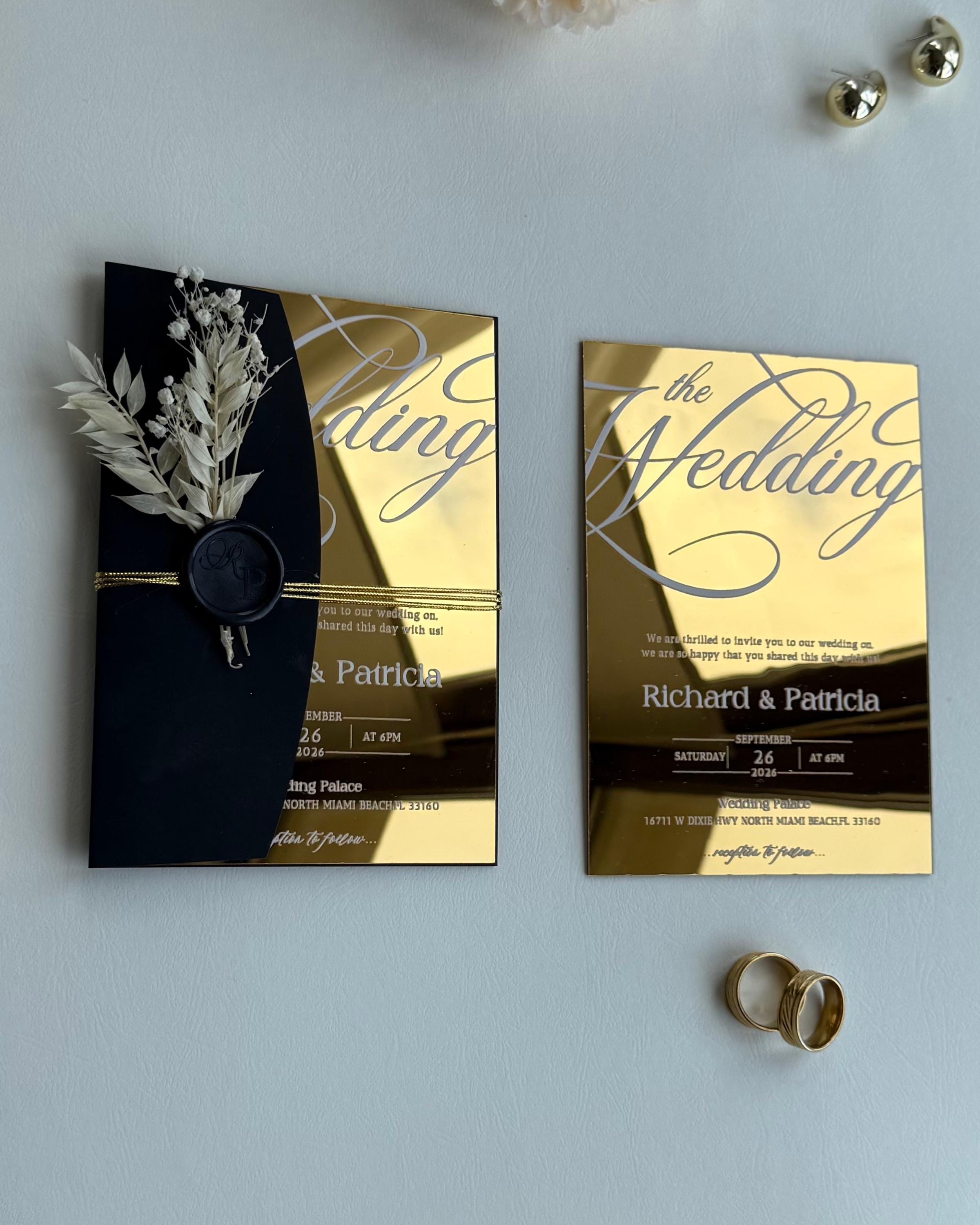 Elegant Gold Mirror Acrylic Wedding Invitations: Luxury Black Suite ...