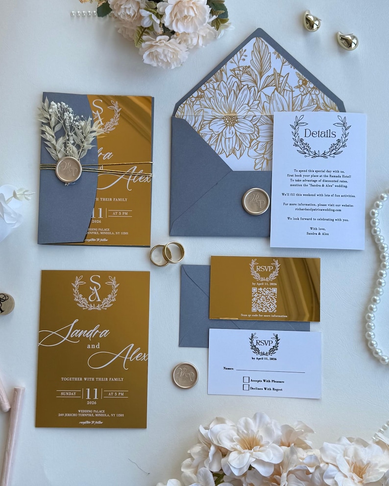 Gold Mirror Acrylic Wedding Invitation Suite With Navy Blue Envelopes ...