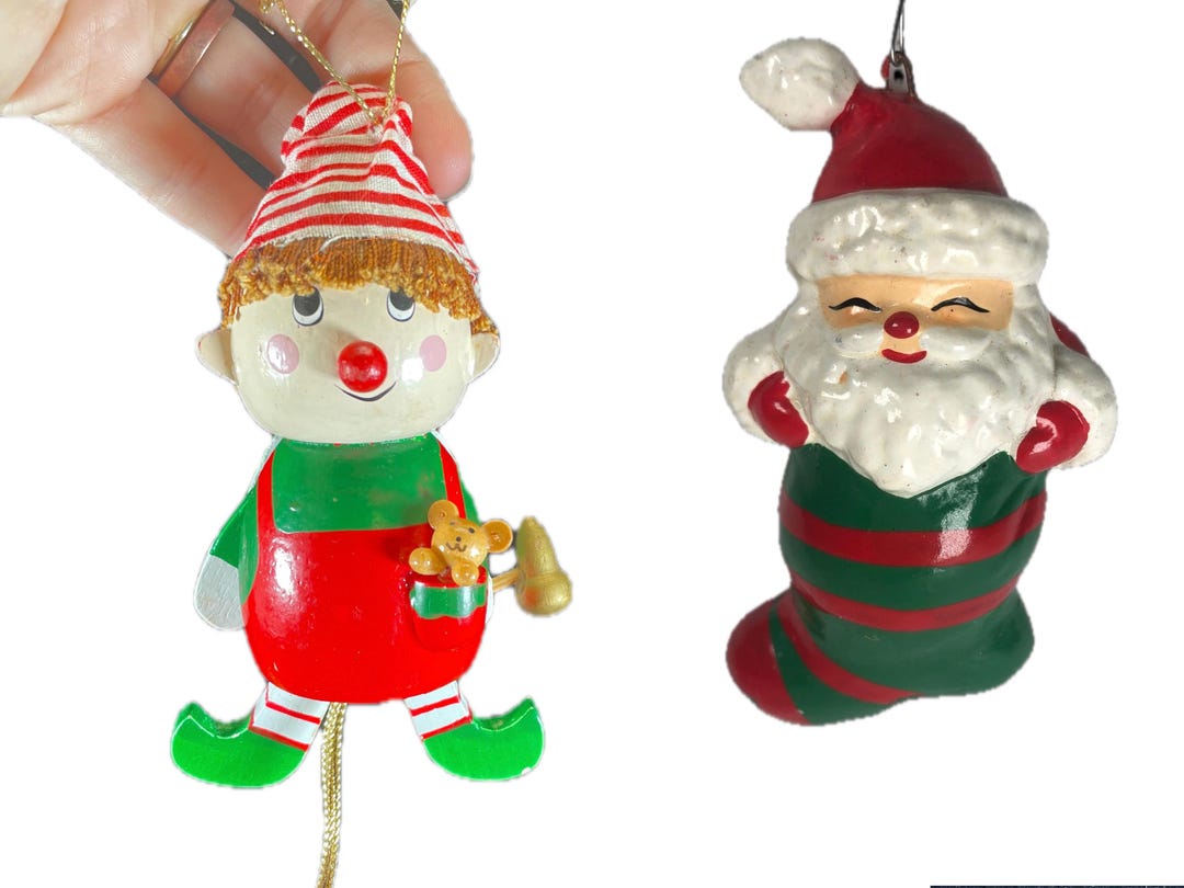Vintage Santa in Stocking Ornament & Jumping Jack Elf Puppet - Etsy