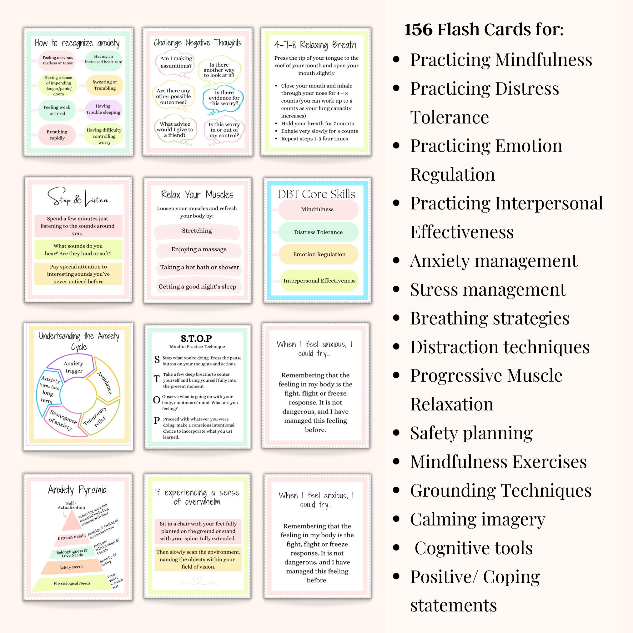 DBT Skills Cards, DBT Coping Skills Flash Cards, Anxiety Affirmation ...