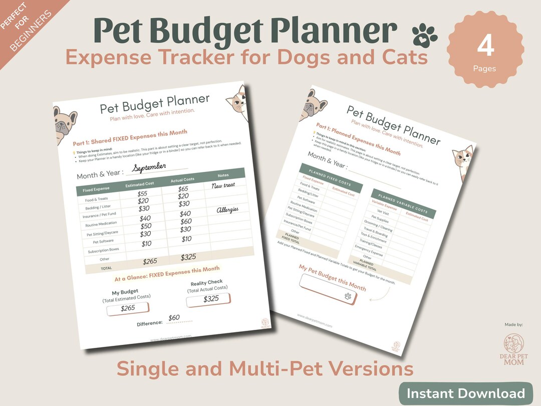 Printable Pet Budget Planner | Pet Expense Tracker for Dogs and Cats - Etsy