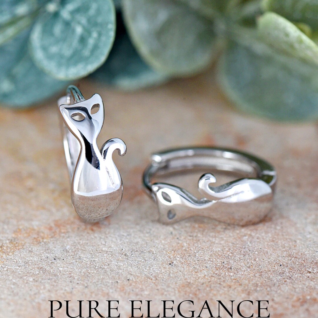 Sterling Silver Cat Hoop Earrings: Dainty Kitten Huggies - Etsy