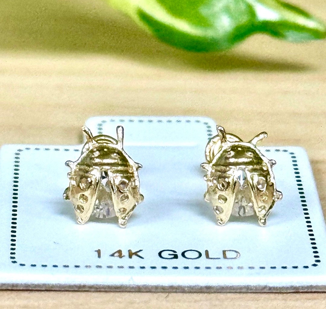 Ladybug CZ Stud Earrings Solid 14k Yellow Gold Bug Earrings Screw Back ...