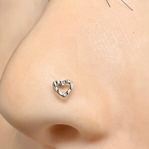 Dainty Solid 14k Gold Plain Heart Outline Nose Stud, 22 Gauge Ball End ...