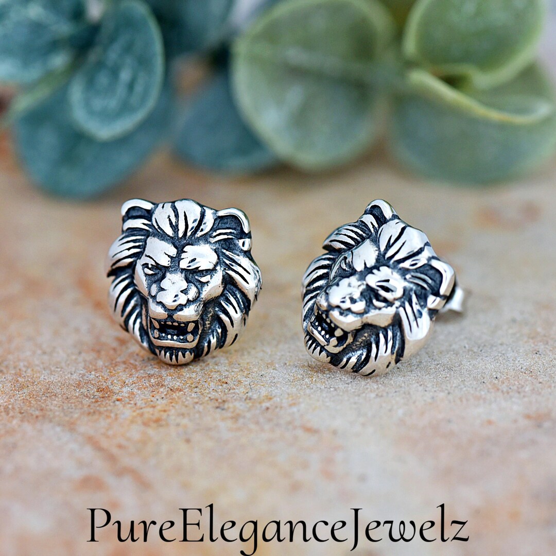 Sterling Silver Lion Head Stud Earrings: Animal Jewelry - Etsy