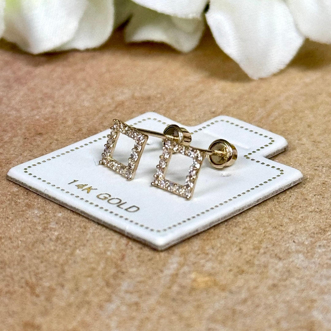 Geometric Open Square Shape Stud Earrings Solid 14k Yellow Gold CZ Earrings Screw Back ...