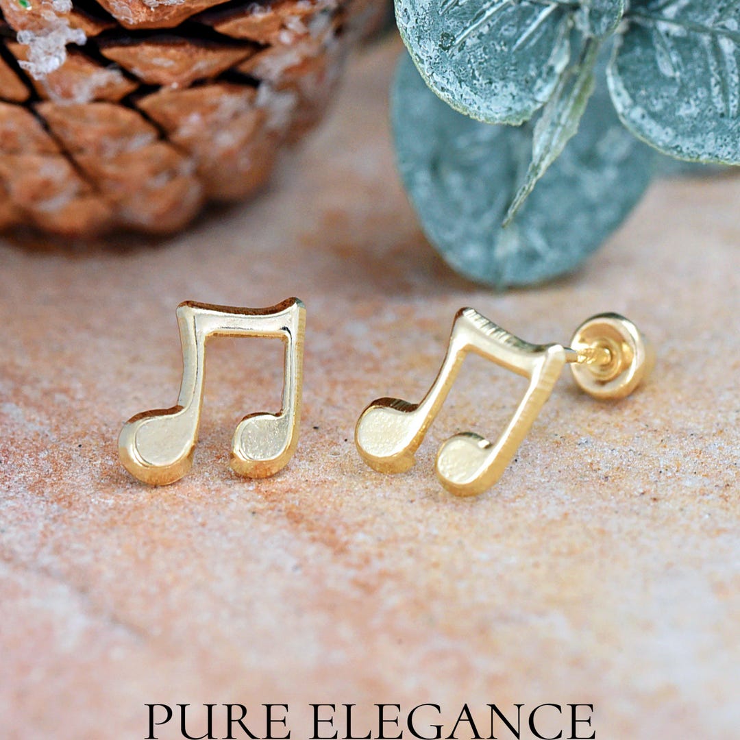 Music Note Stud Earrings | Solid 14k Yellow Gold 10mm 8th Note Musical ...