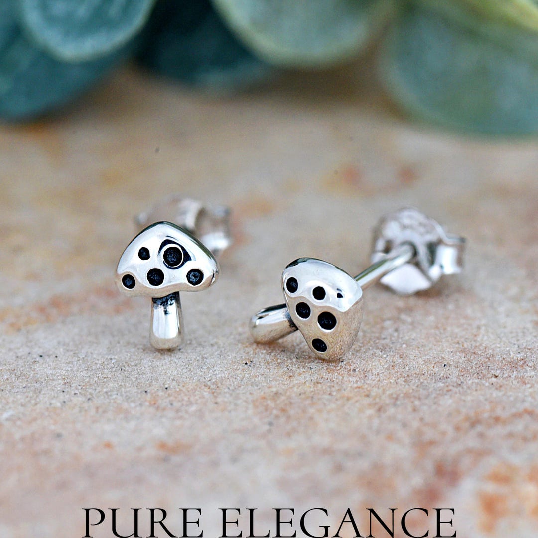Cute Dainty Mushroom Stud Earrings | Solid 925 Sterling Silver Toadstool Earrings Push Back ...