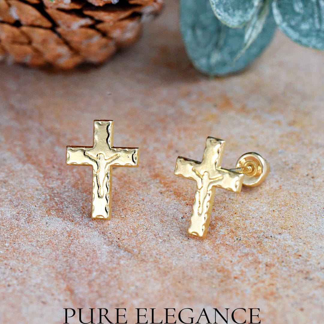Crucifixion of Jesus Cross Hammered Edge Stud Earrings | Solid 14k ...
