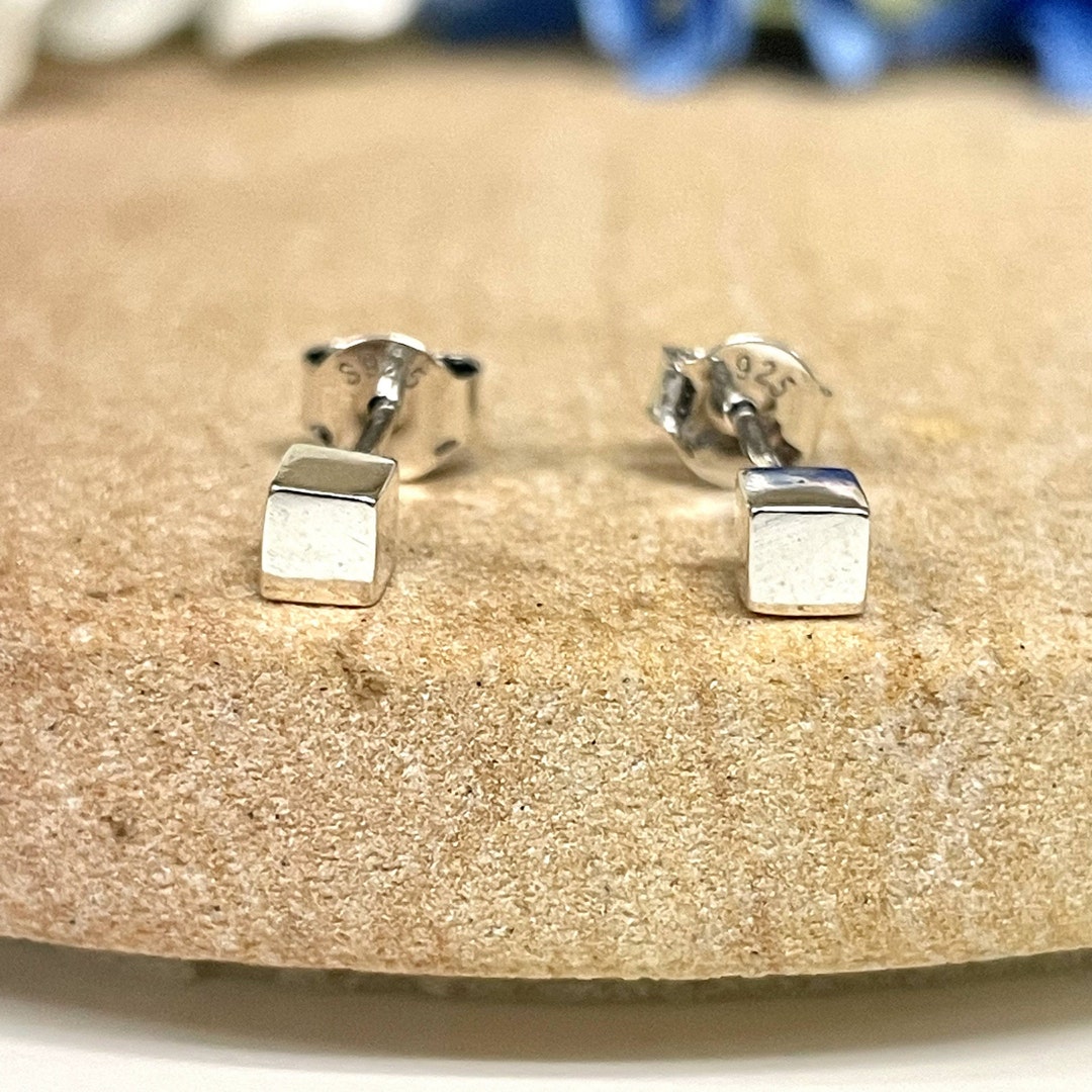 Tiny Cube Stud Earrings Solid 925 Sterling Silver - Etsy