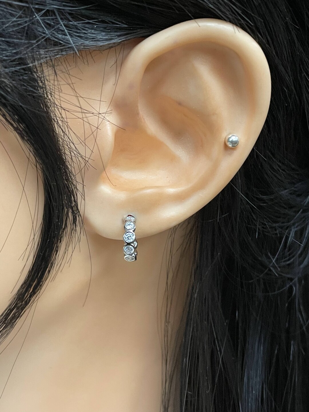 Bezel CZ Half Hoop Earrings Solid 925 Sterling Silver Cubic Zirconia ...