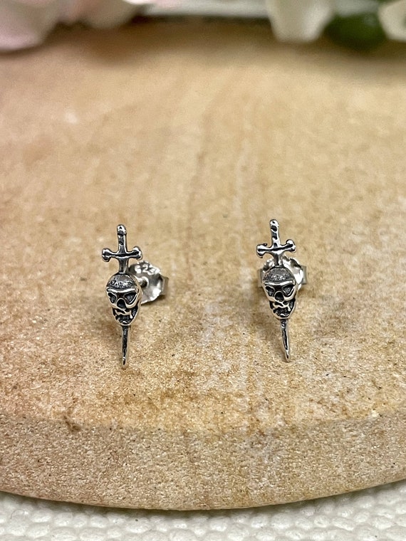 Sword Through Skull Stud Earrings Solid 925 Sterling Silver - Etsy