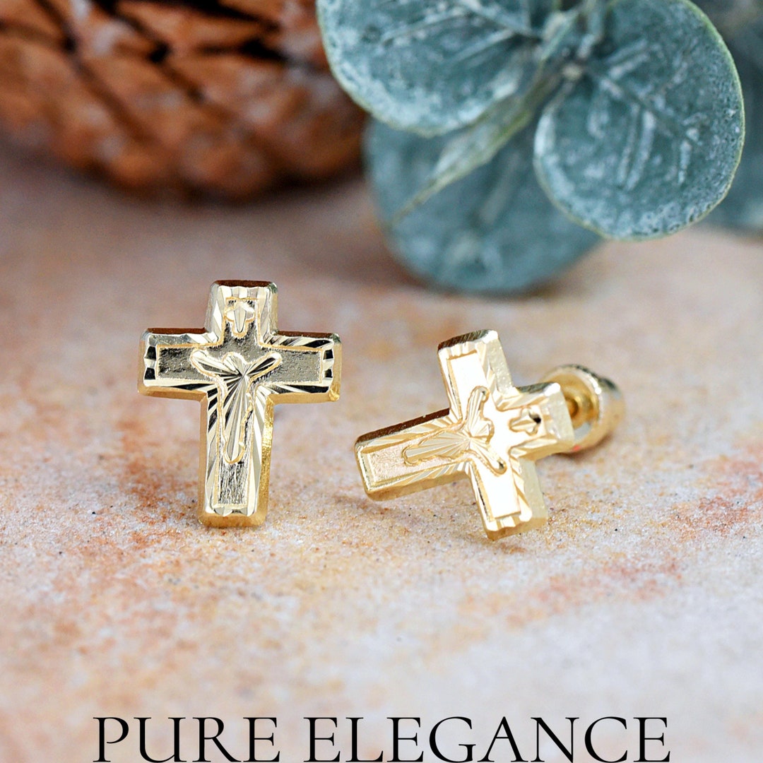 Cross Diamond-cut Stud Earrings Solid 14k Yellow Gold Earrings Screw ...