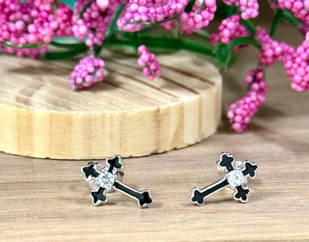Bottony Cross Black Inlay Stud Earrings | Solid 925 Sterling Silver ...