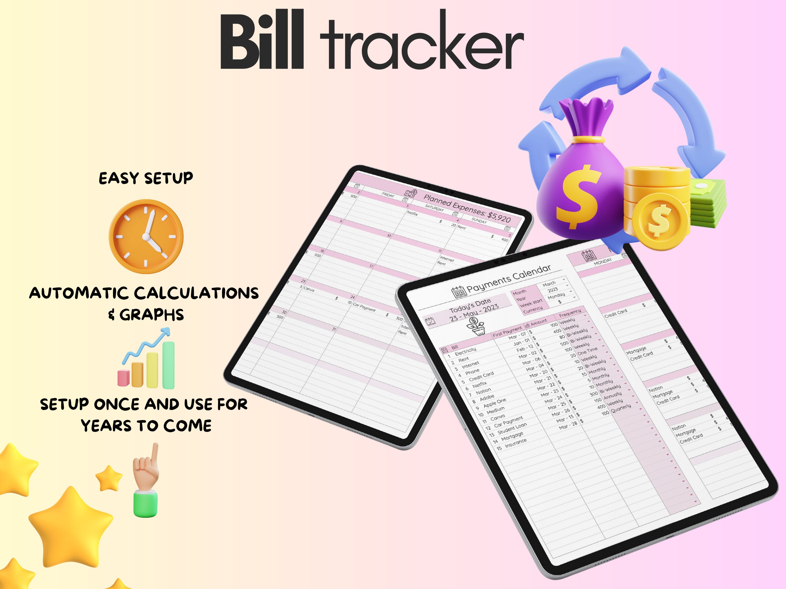 Bill Calendar Monthly Bill Tracker Bill Tracker Debt Tracker Payment ...