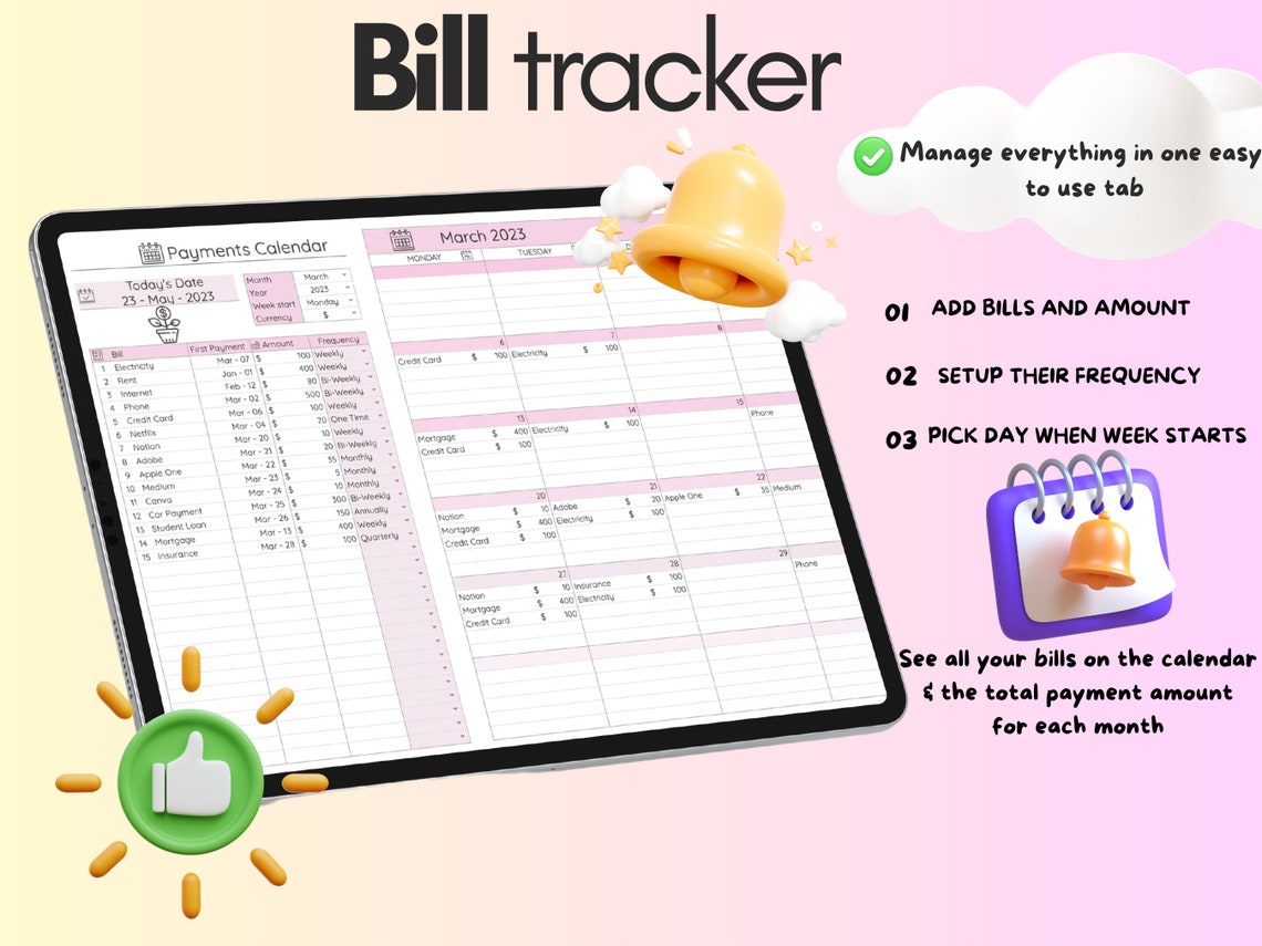 Bill Calendar Monthly Bill Tracker Bill Tracker Debt Tracker Payment ...