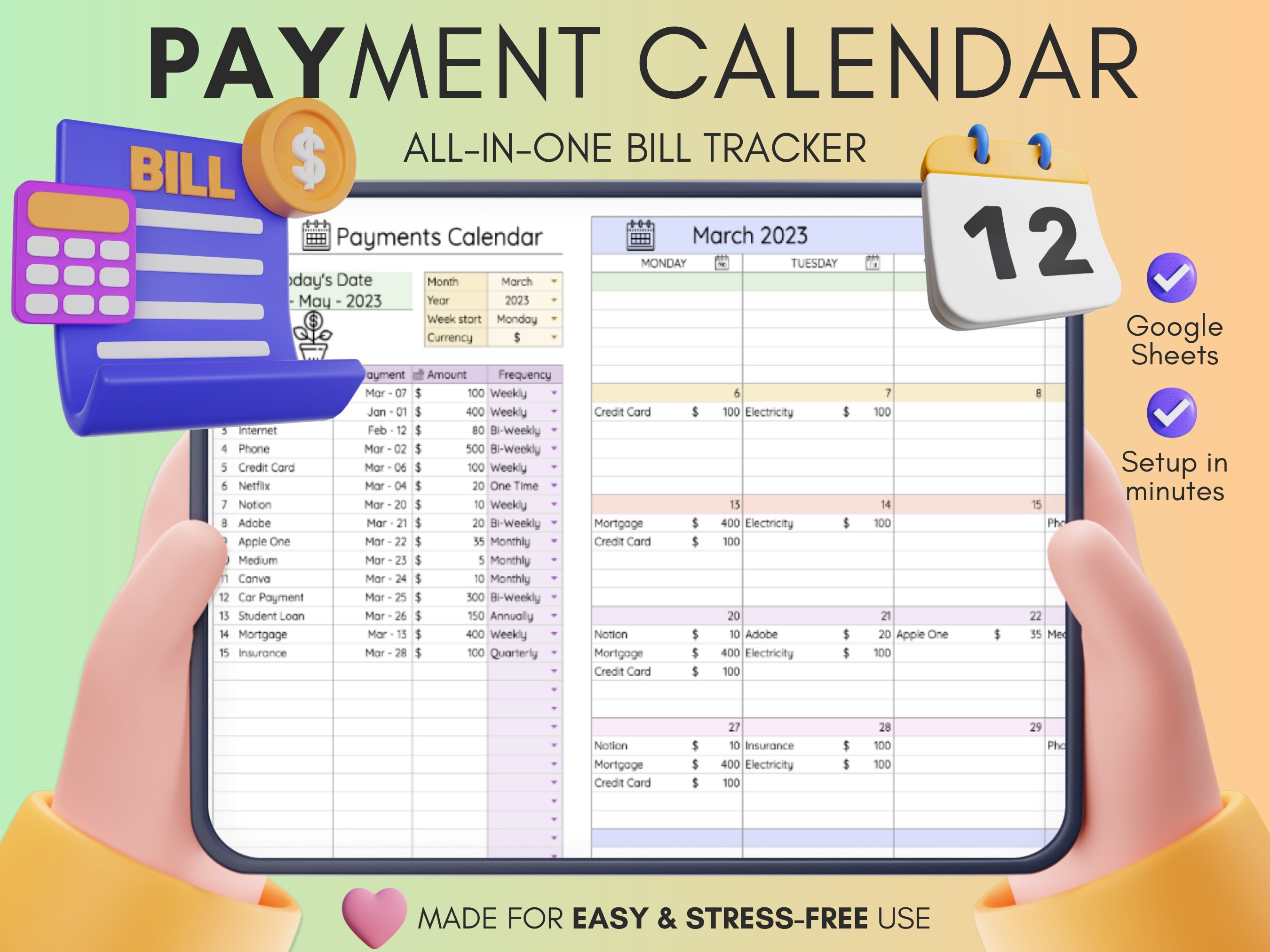 Bill Calendar Monthly Bill Tracker Bill Tracker Debt Tracker Payment ...