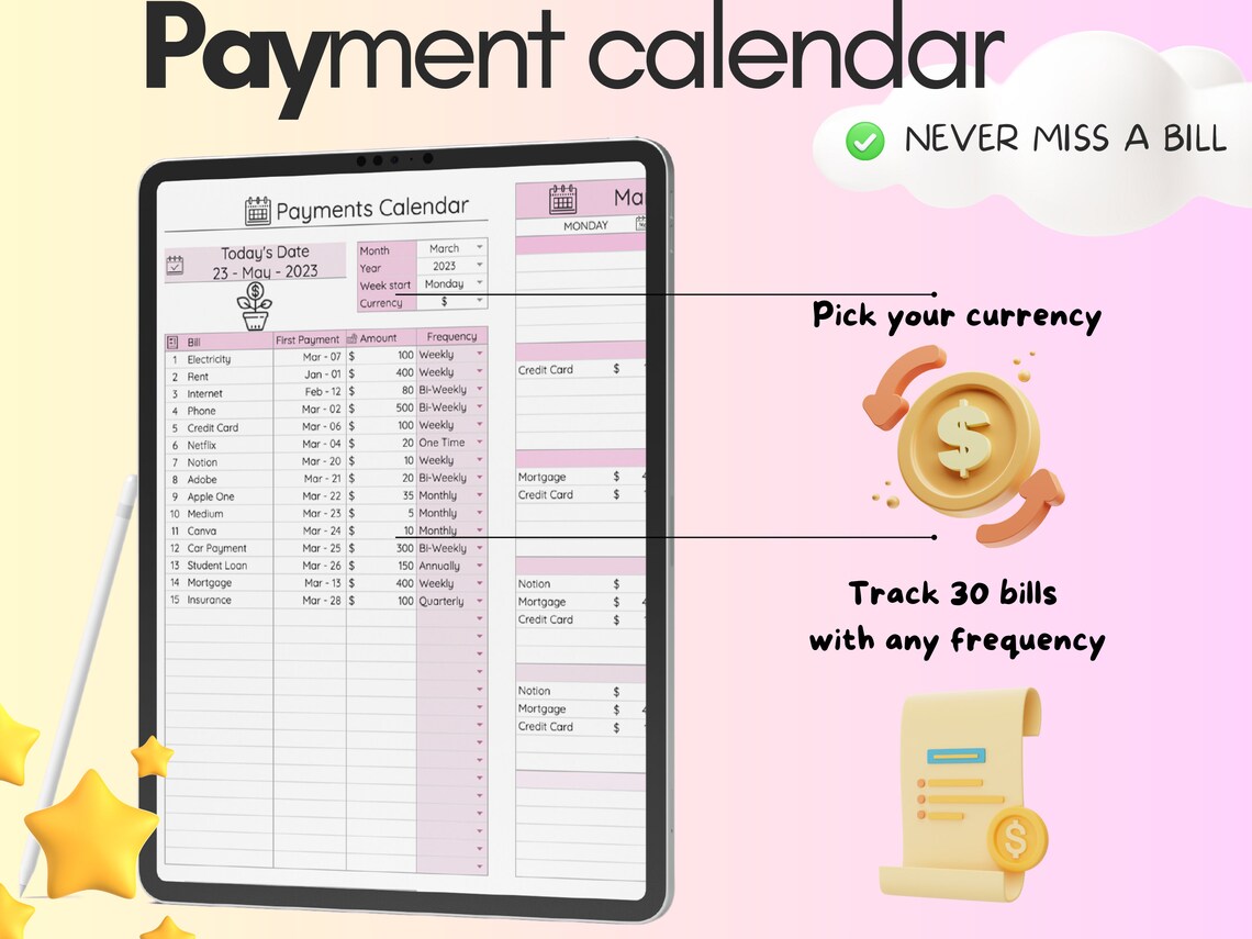 Bill Calendar Monthly Bill Tracker Bill Tracker Debt Tracker Payment ...