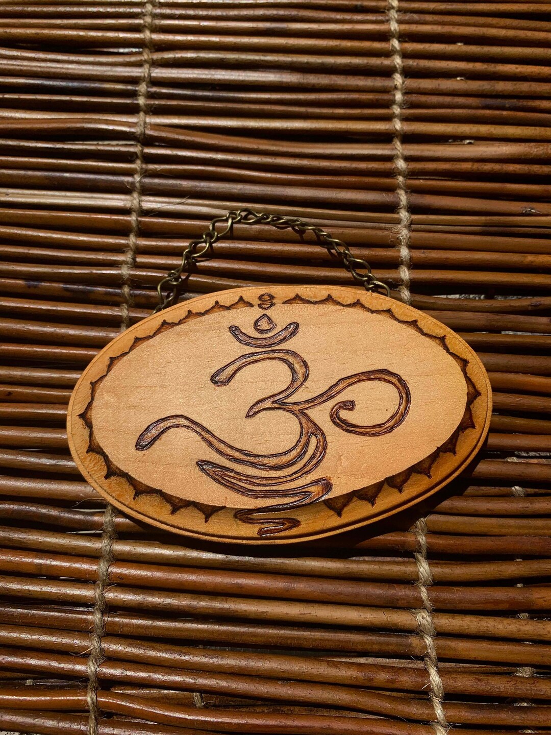 Aum "breathe" Symbol Pyrography Hanging Sign - Handmade Woodburned Wall ...