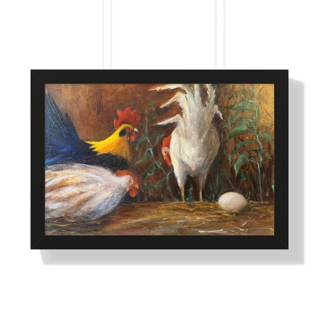 Framed Print of Rooster, Hens, Chickens, Egg, Print, Straw, Farm Life ...