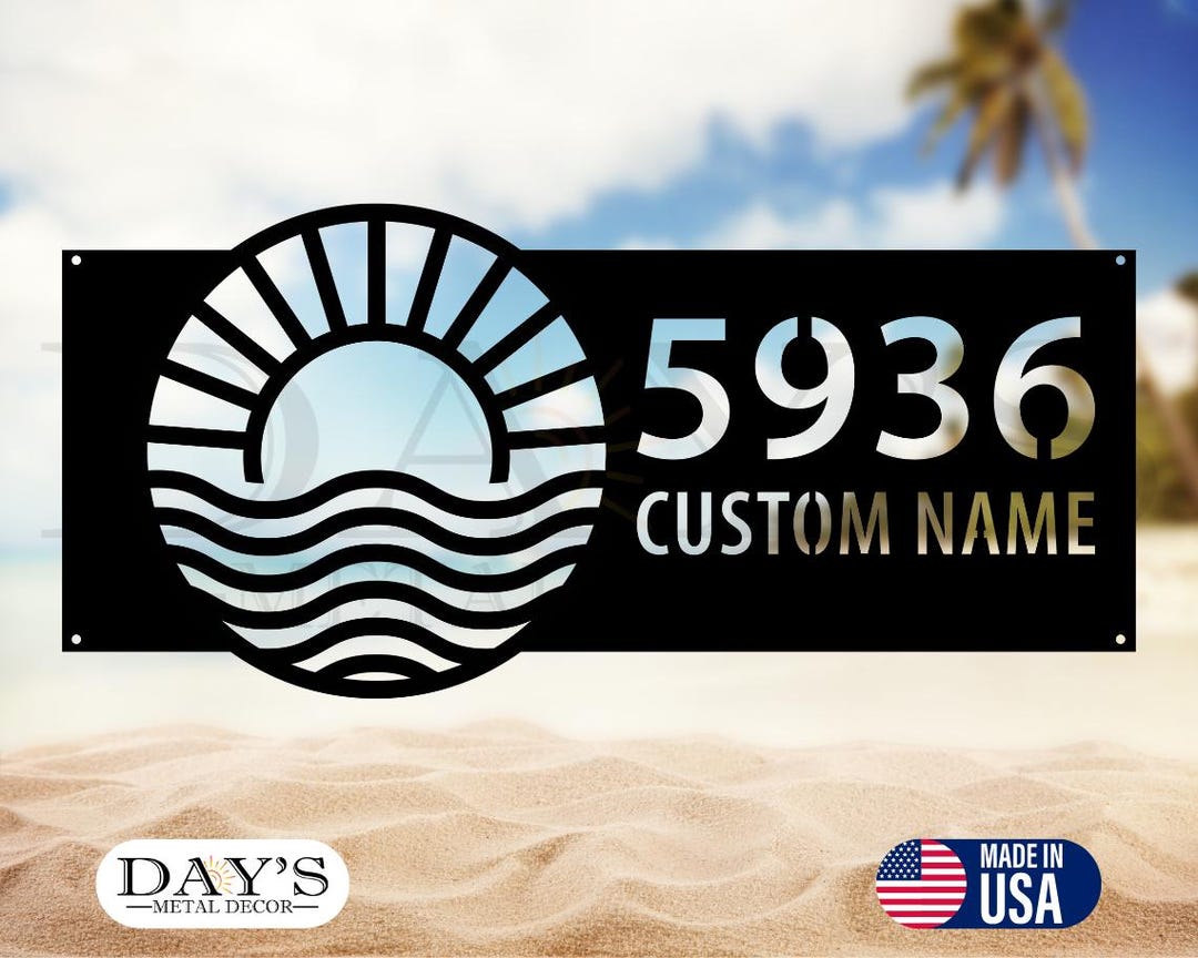 Personalized Sun Waves Beach Metal Address Sign Custom House Number ...
