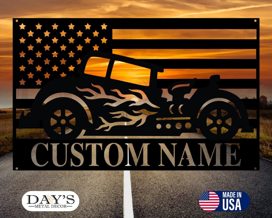 Hot Rod USA Personalized Metal Sign, Custom US Garage Wall Decor Gif ...