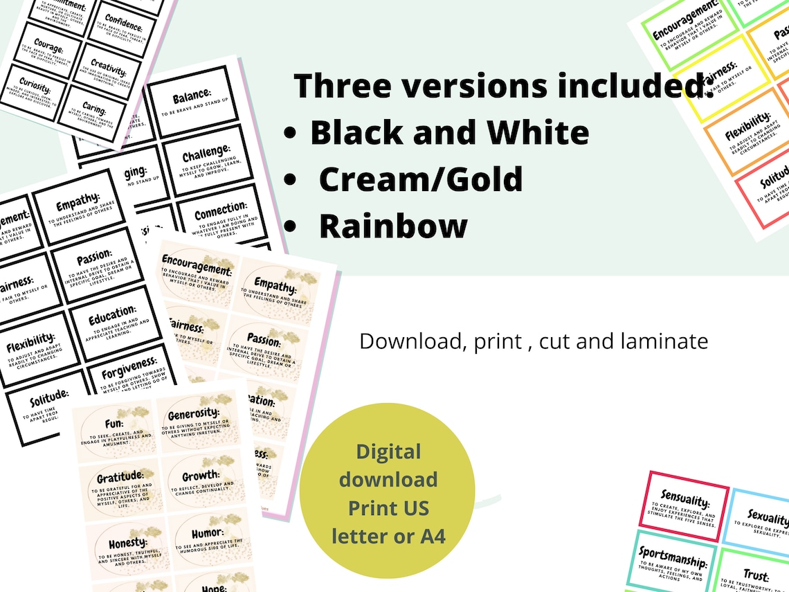 Personal Values Card Exercise | 101 Values Card to Print | Core Values ...