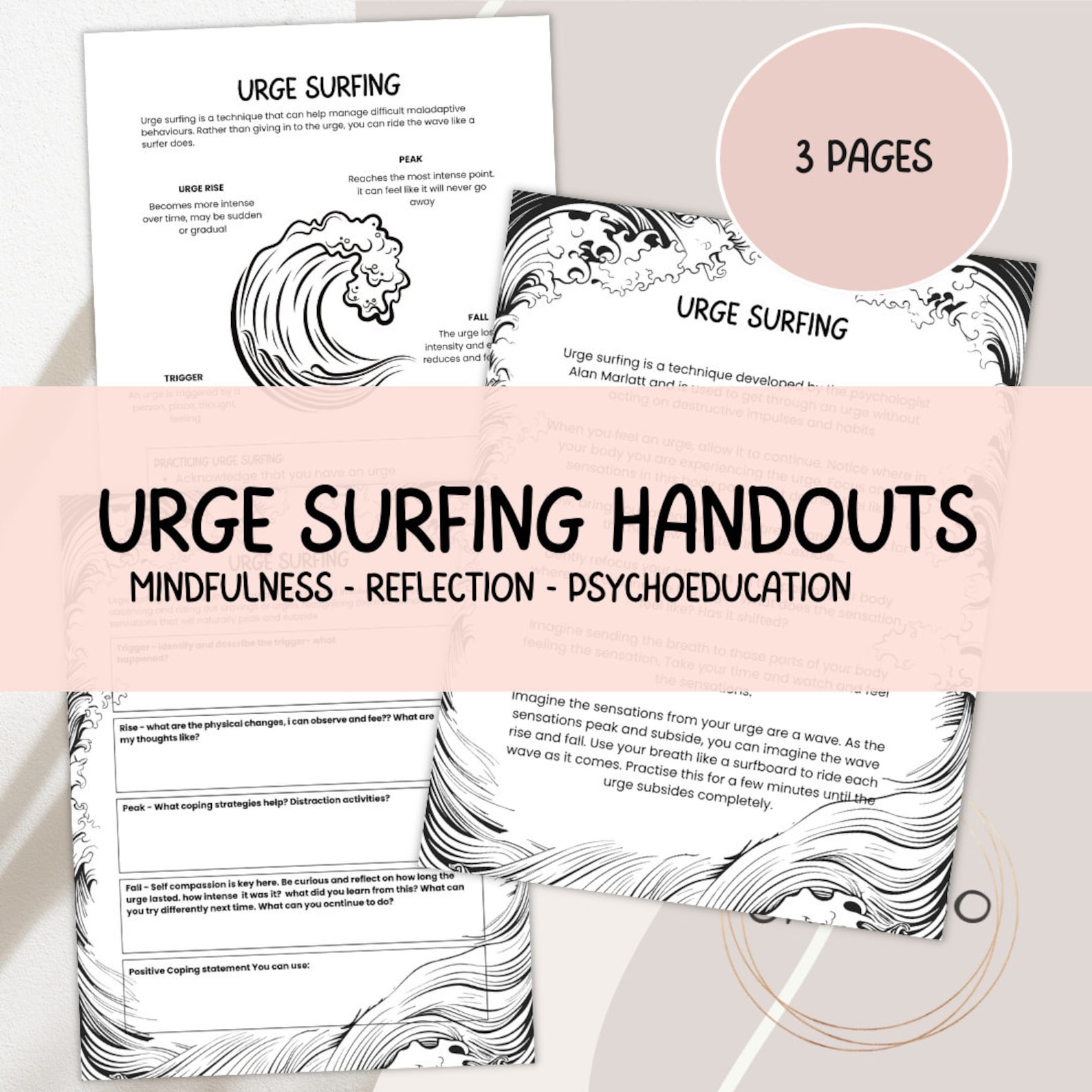 Urge Surfing Mindfulness Therapy Handouts, Psychoeducation Tool, Coping ...