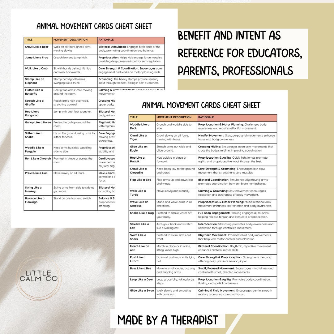 Kids Animal Movement Somatic Cards, Coping Skills, Brain Break, ADHD ...