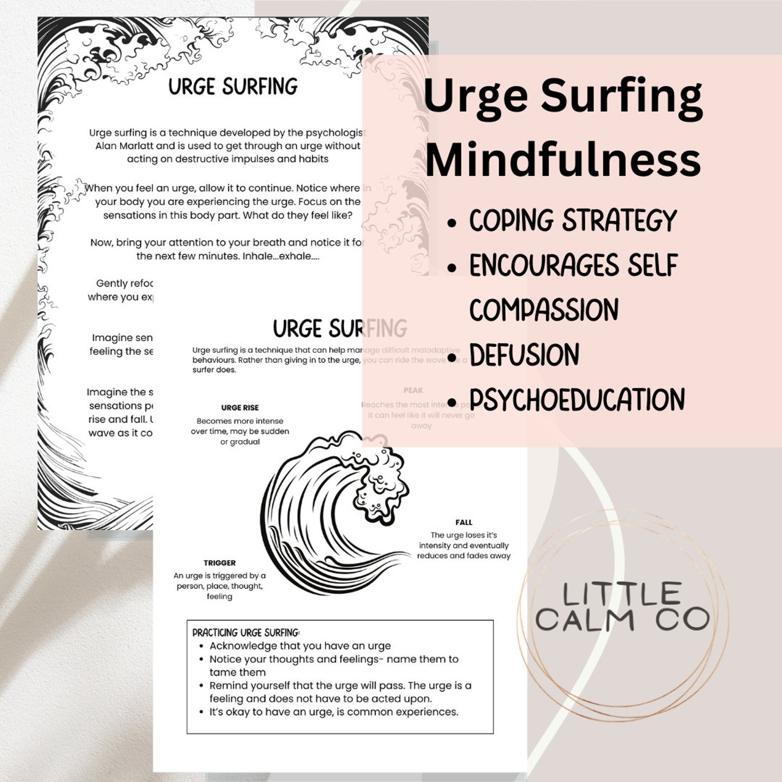 Urge Surfing Mindfulness Therapy Handouts, Psychoeducation Tool, Coping ...