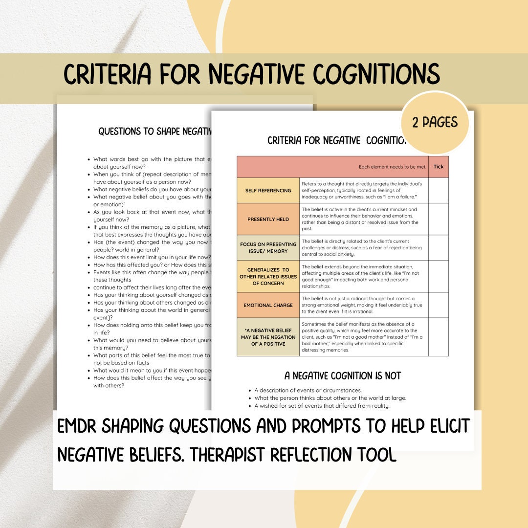 EMDR Negative Cognition Checklist, EMDR Therapist Cheat Sheet, EMDR ...