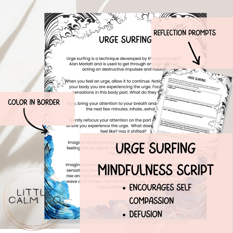 Urge Surfing Mindfulness Therapy Handouts, Psychoeducation Tool, Coping ...