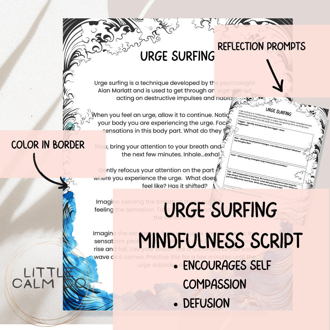 Urge Surfing Mindfulness Therapy Handouts, Psychoeducation Tool, Coping ...