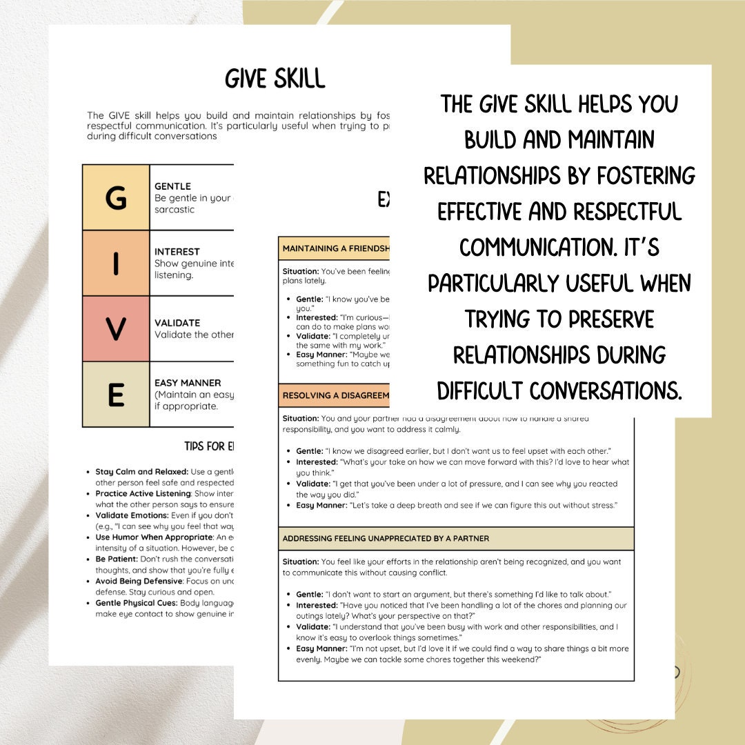 GIVE and FAST DBT Skills Handout, Interpersonal Effectiveness Handout ...