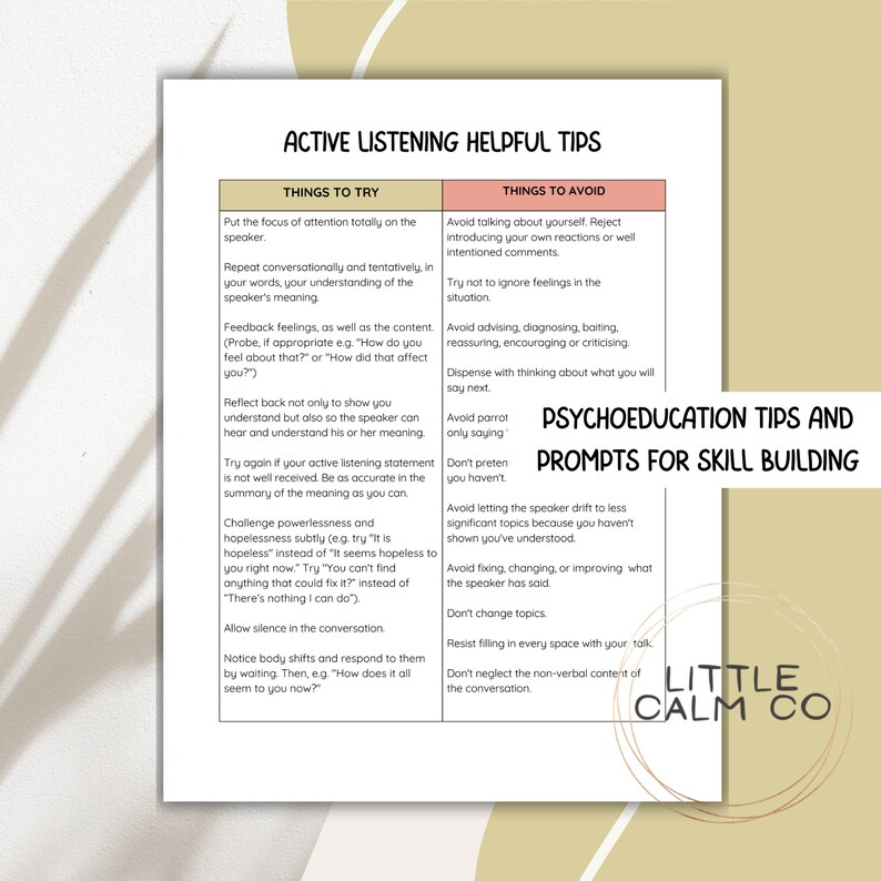 Active Listening Skills Psychoeducation Handouts, Healthy Communication ...